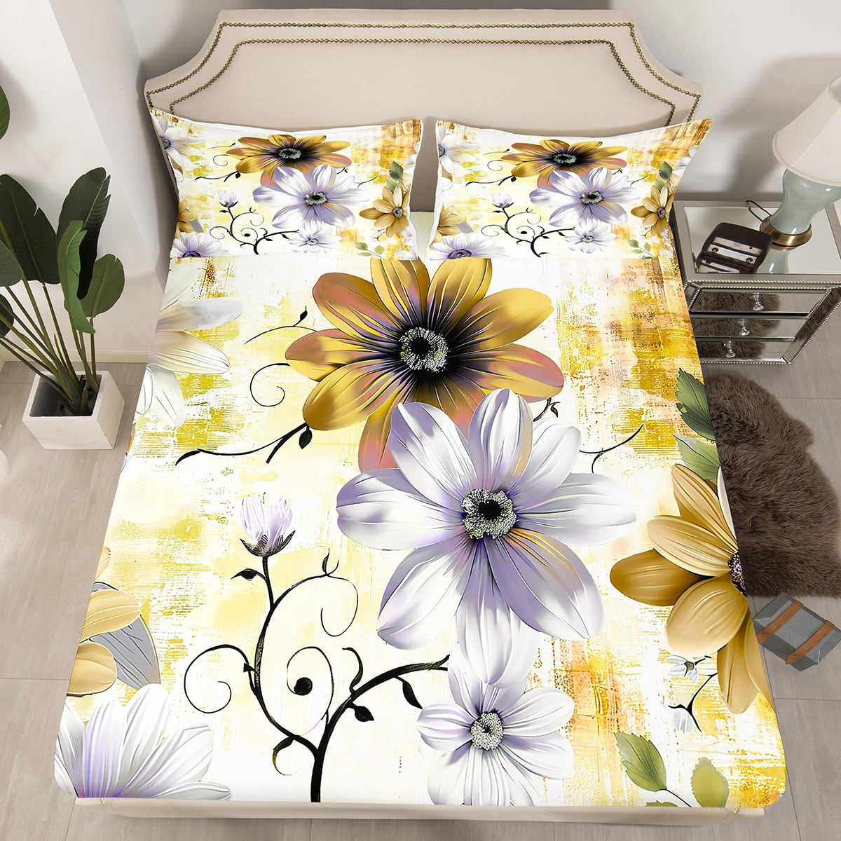 Erosebridal Watercolor Daisy Bed Sheets Chic Flower Floral Fitted Sheet ...