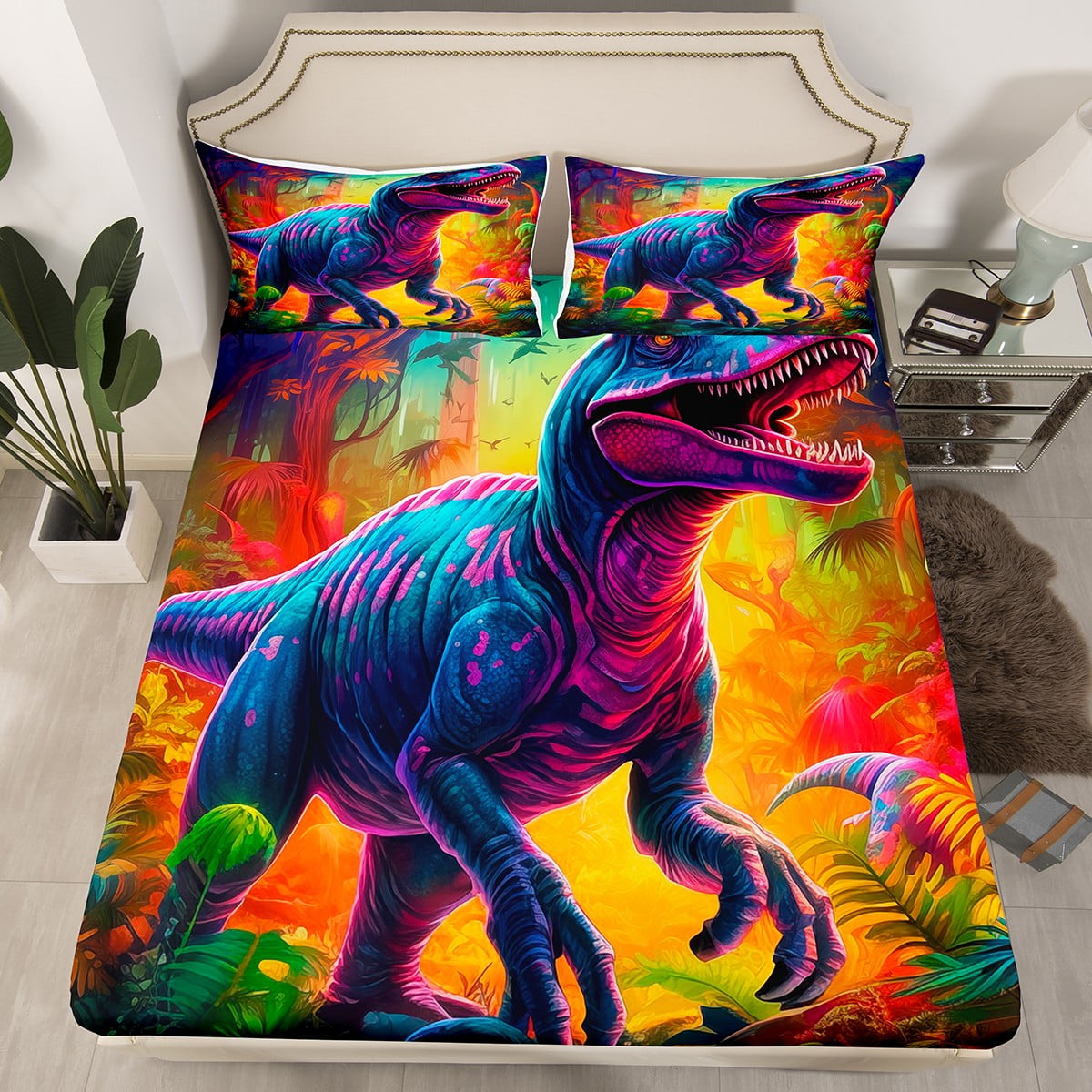 Erosebridal Watercolor Dinosaur Full Sheets Bed Cartoon Dino Bed Sheets, Jungle Animal Fitted ...