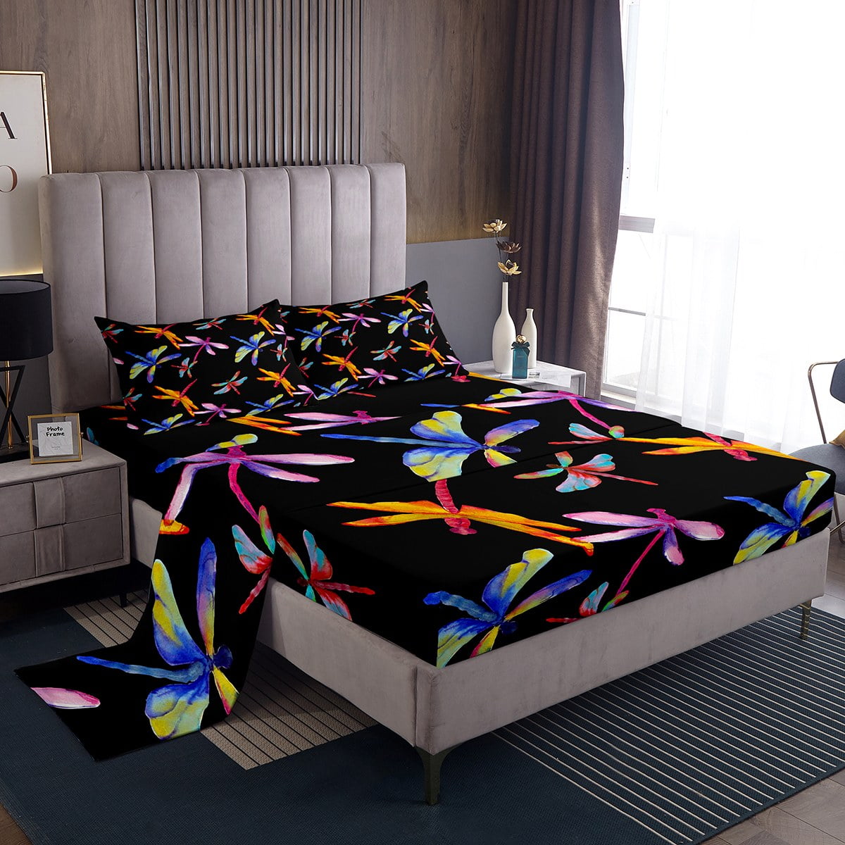 Watercolor Dragonfly Bed Sheets Set Pink Orange Blue Black Queen Size ...