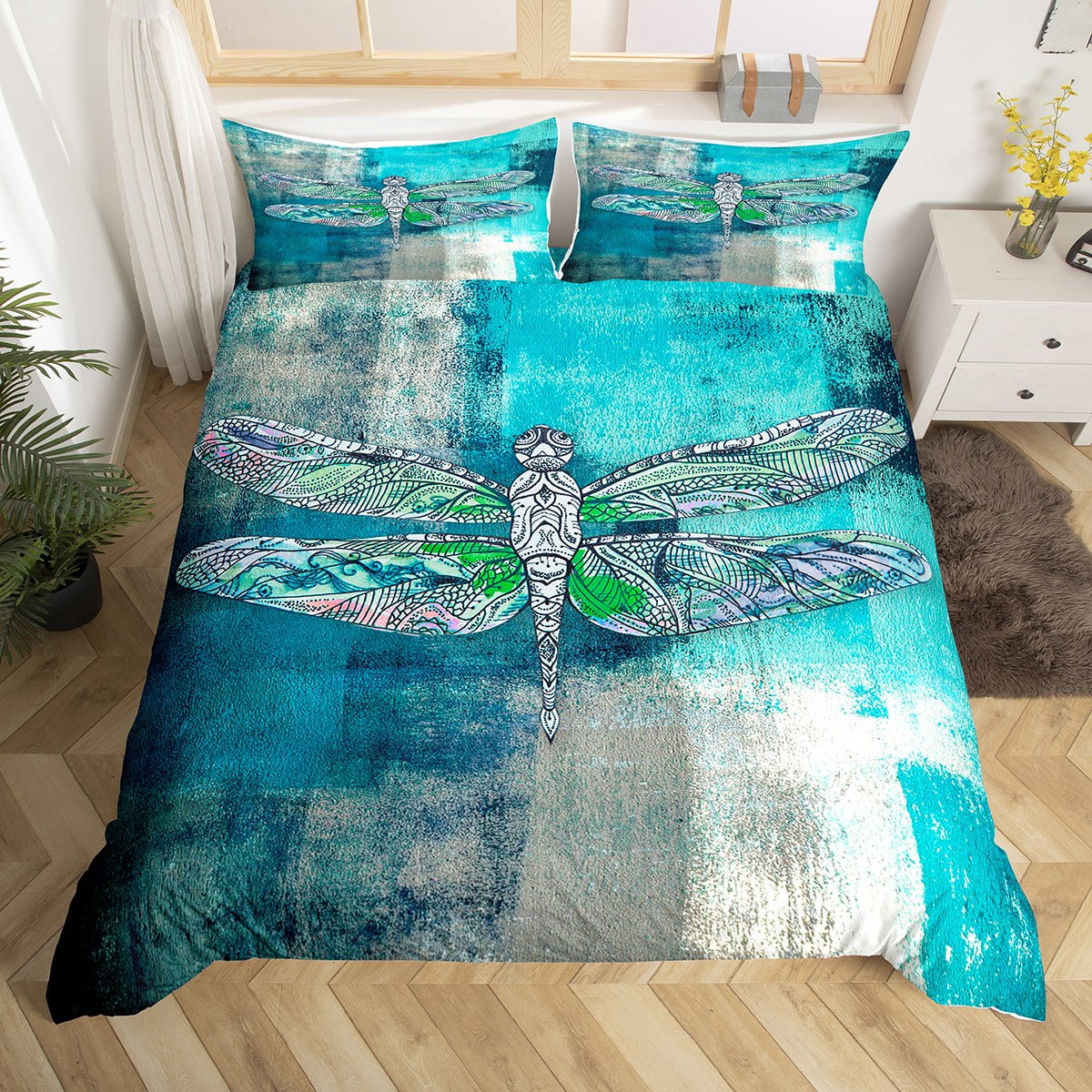 YST Watercolor Dragonfly Comforter Cover Queen,Teal Grey White Ombre ...