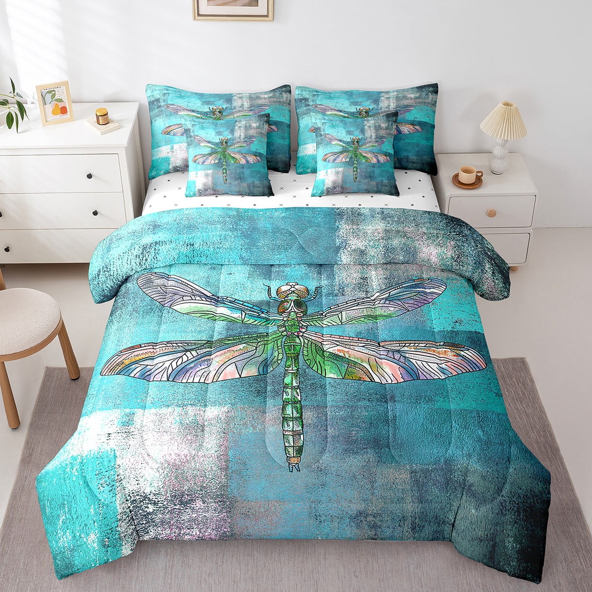 Watercolor Dragonfly Comforter Set Full Size 7 Pcs Teal Grey White ...