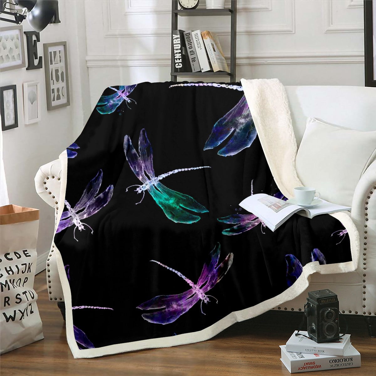 Watercolor Dragonfly Throw Blanket for Couch Neon Dragonflies Sherpa Blanket, Black Pink Purple ...
