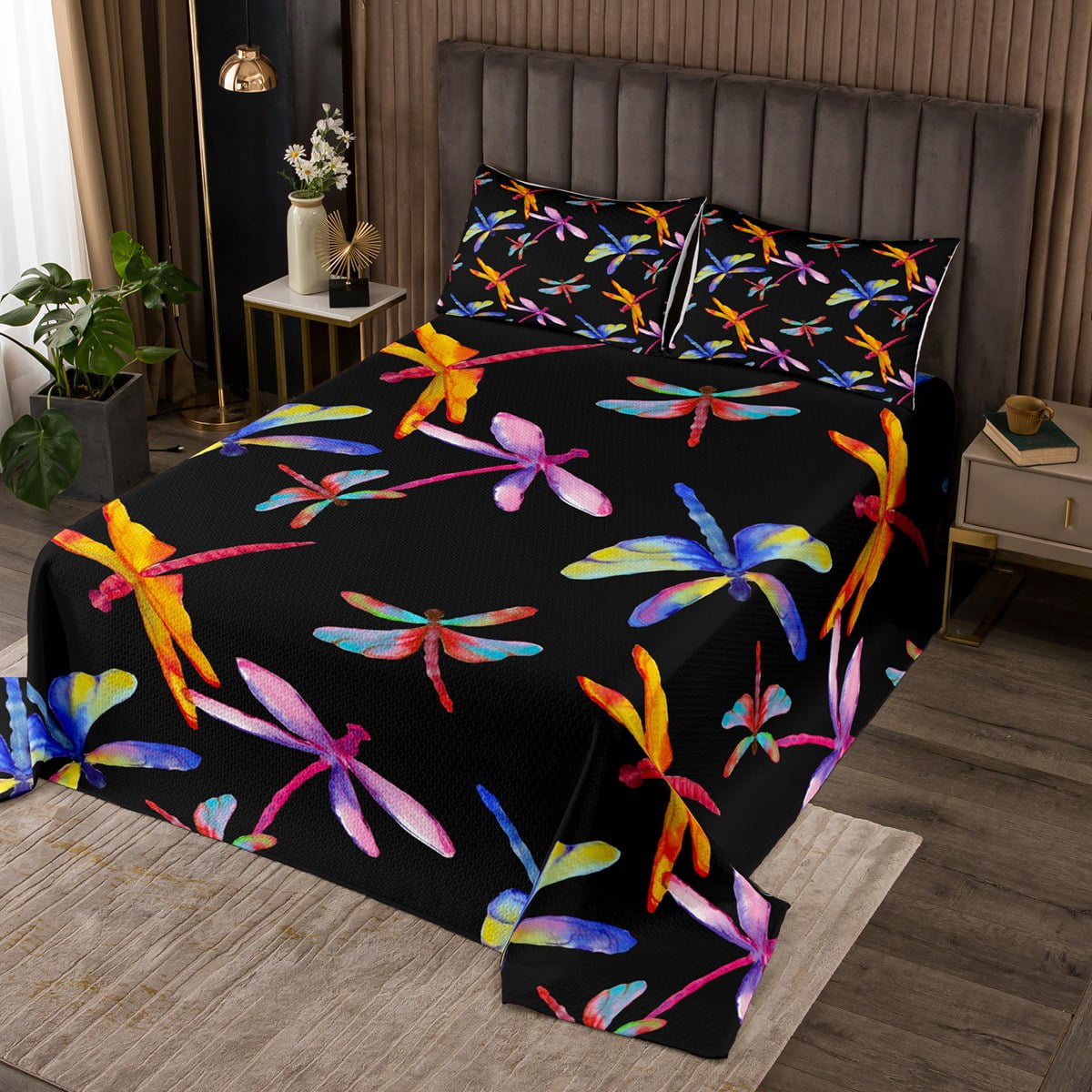 Watercolor Dragonfly Twin Quilt Set Pink Orange Blue Black Coverlet Set ...