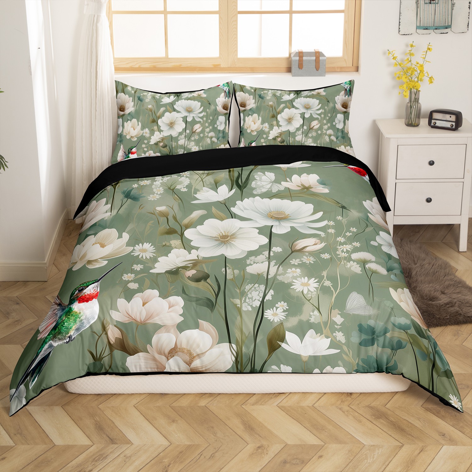 YST Watercolor Floral Bedding King Size Humming Bird Duvet Cover ...