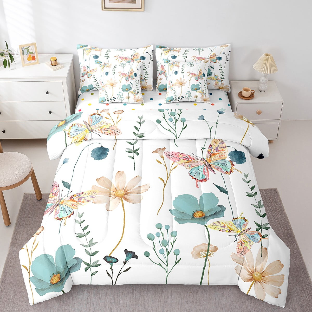 YST Watercolor Floral Butterfly Bed In A Bag Full Comforter Set 7 Piece ...