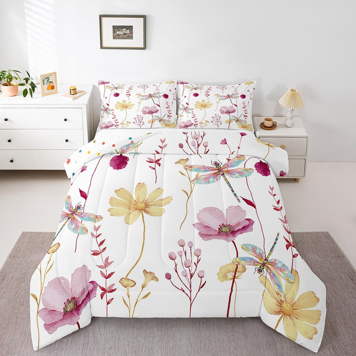 YST Watercolor Floral Dragonfly Bedding Set King, Hot Pink Flower ...