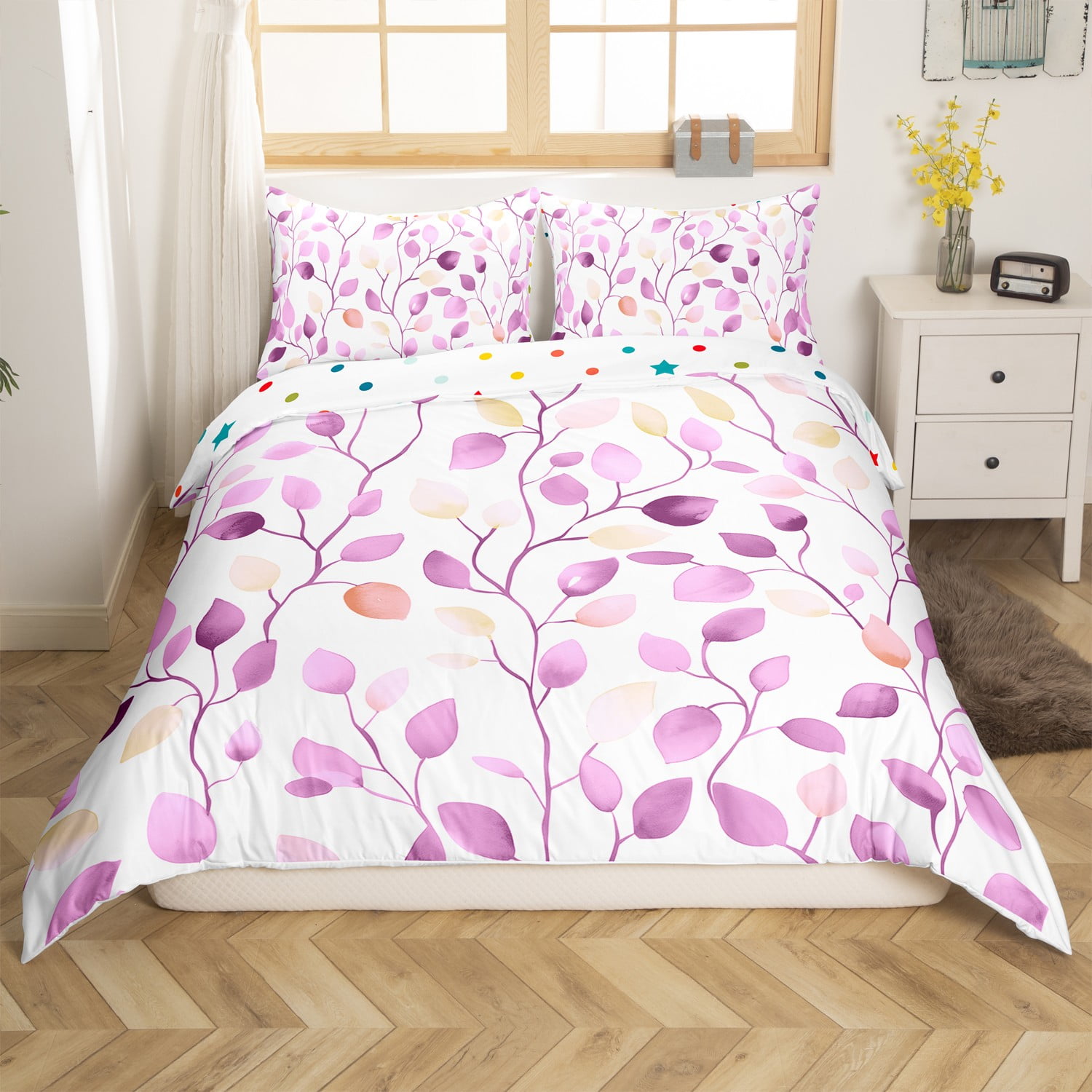 Watercolor Floral Duvet Cover Queen Size Purple Abstract Leaves Bedding Set,Chic Flower ...