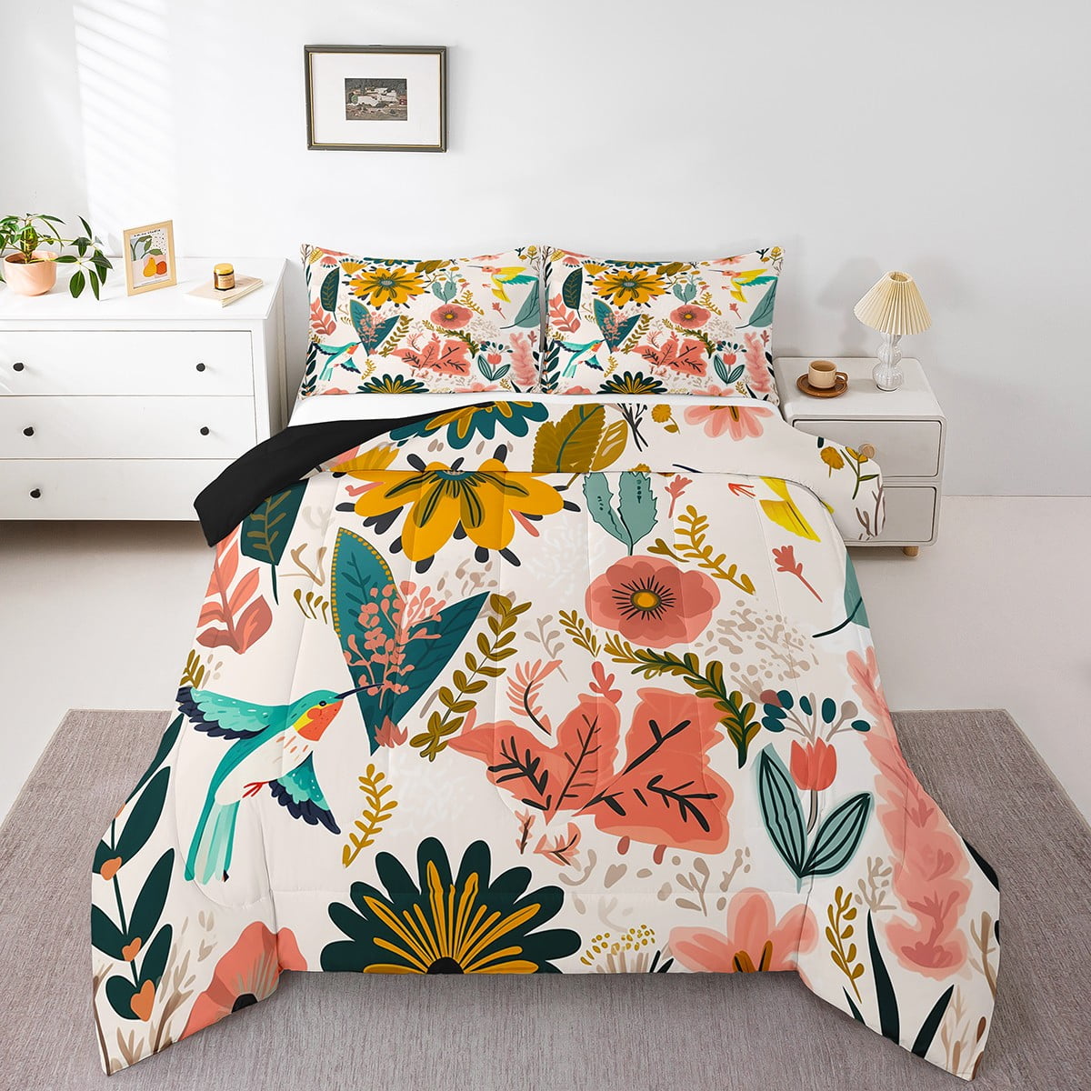 Watercolor Floral Full Comforter Set Cartoon Hummingbird Bedding Set ...