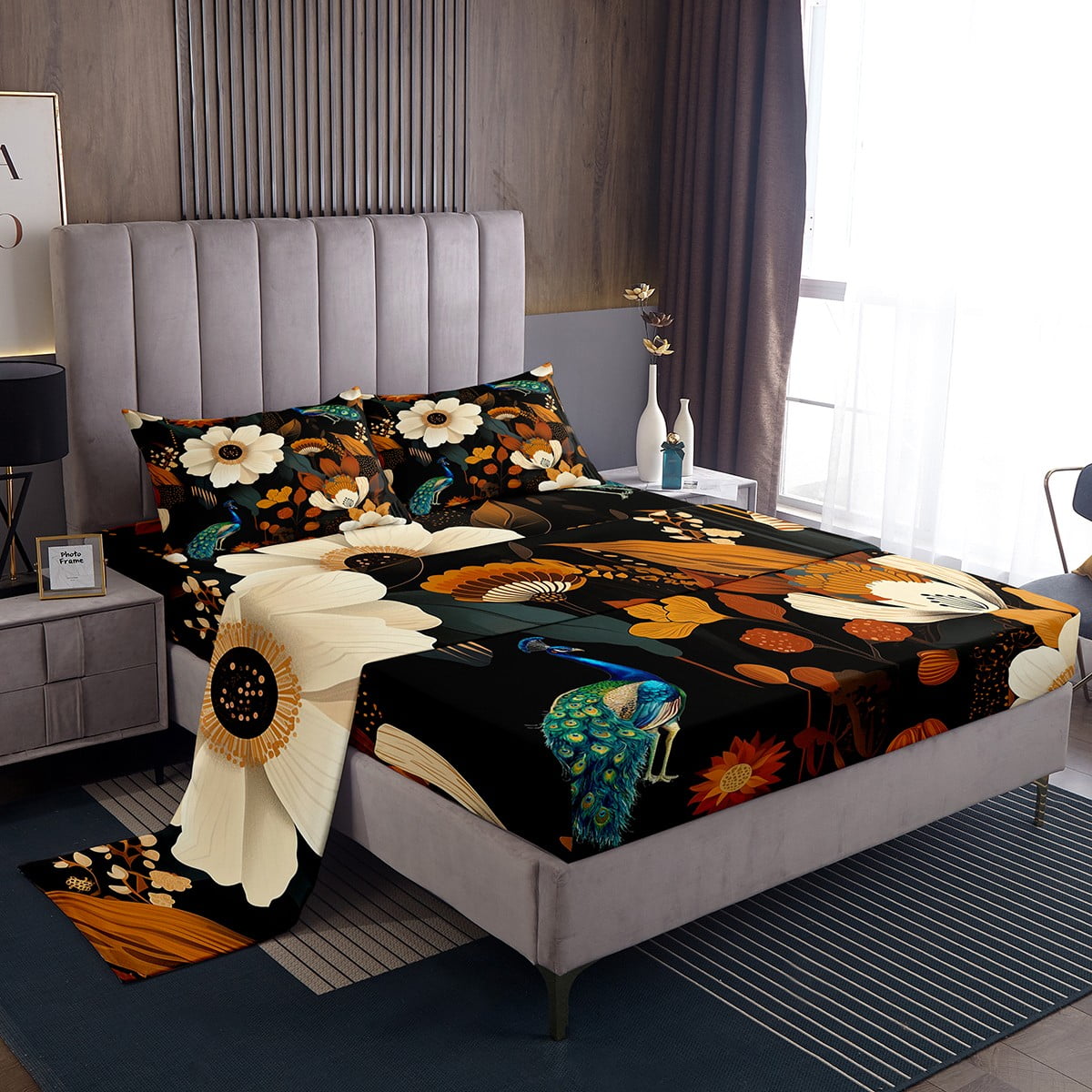 Erosebridal Watercolor Floral King Size Sheet Sets Chic Peacock Sheets ...