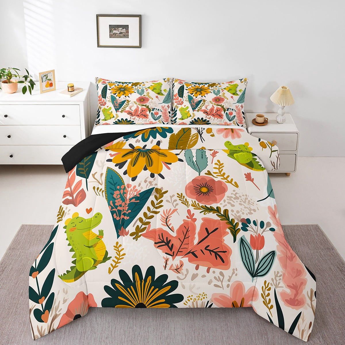 Watercolor Floral Queen Bedding Sets Cartoon Crocodile Comforter Set ...