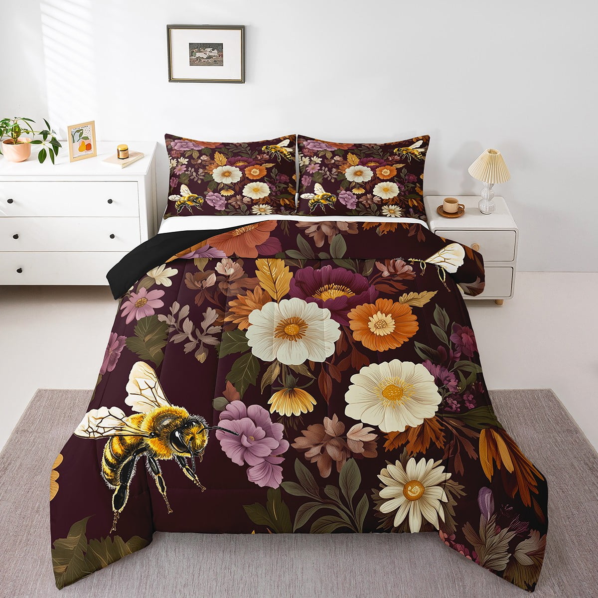 YST Watercolor Floral Queen Comforter Set Honey Bee Bedding Set ...