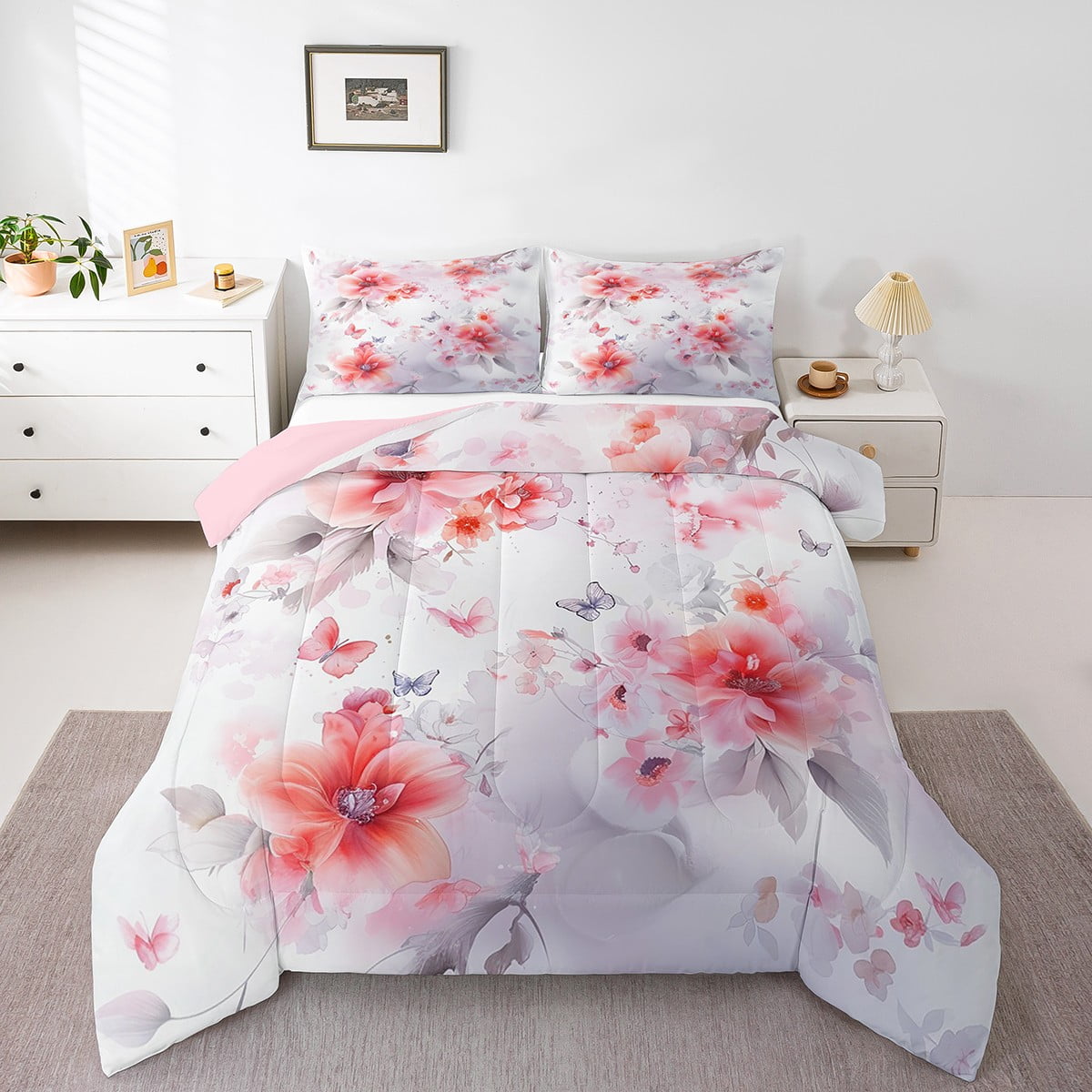 Watercolor Flowers Full Size Bedding Set Women,Romantic Butterfly ...