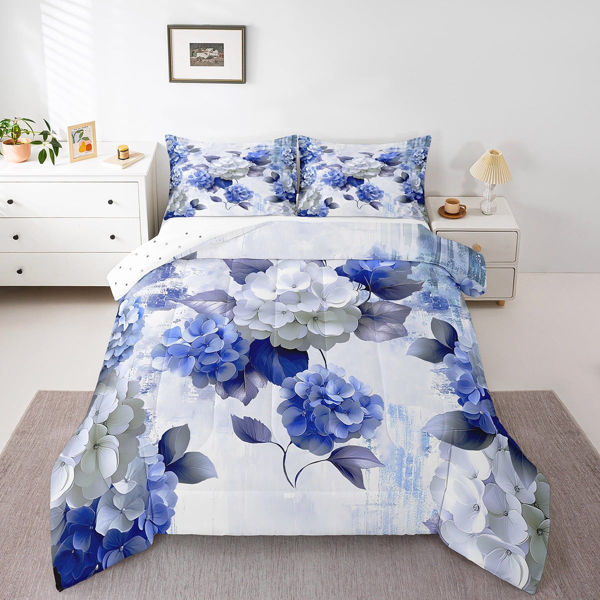 Watercolor Hydrangea Queen Size Comforter Set Chic Flower Floral ...