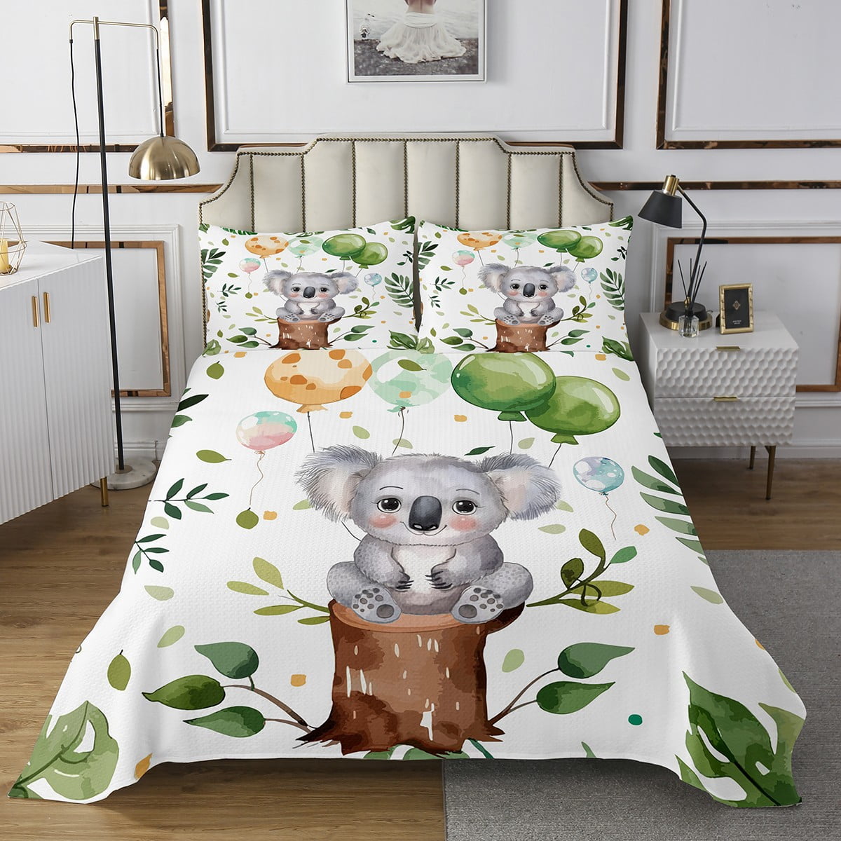 Watercolor Koala Bedspread Set Twin Cute Cartoon Safari Animal Coverlet ...