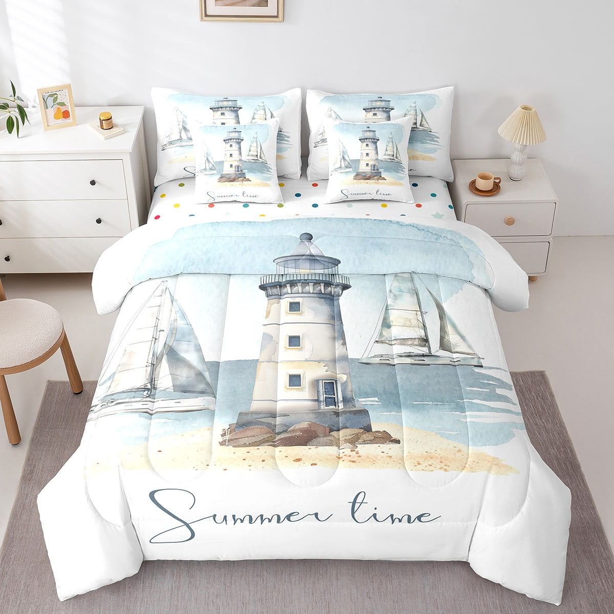 YST Watercolor Lighthouse Bed in a Bag 7 Pieces Nautical Sailing Boat ...