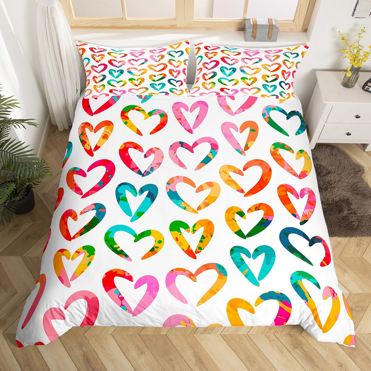 YST Watercolor Love Heart Bed Set Rainbow Tie Dye Duvet Cover, White ...