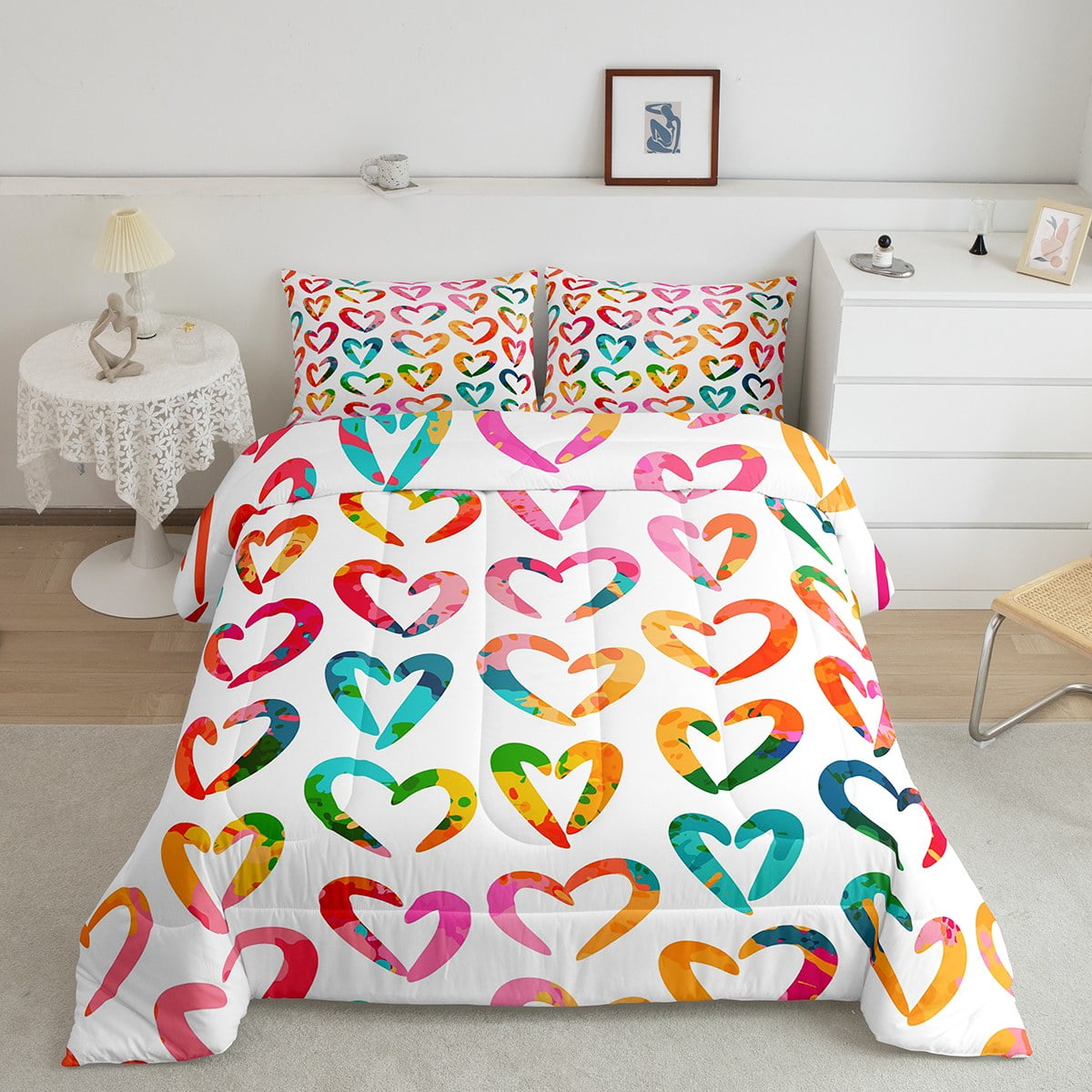 YST Watercolor Love Heart Bedding Set King Rainbow Tie Dye Comforter ...