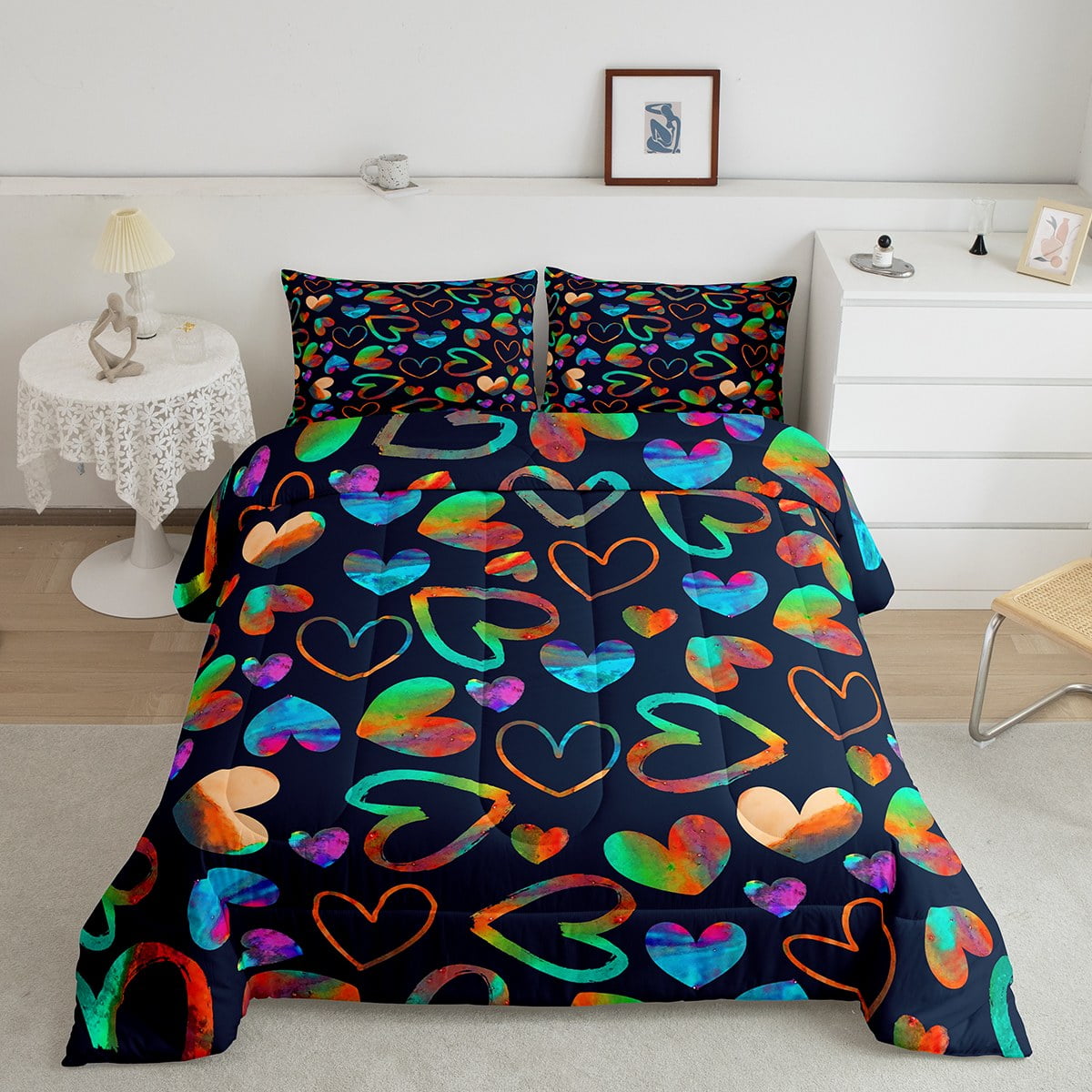 YST Watercolor Love Heart Bedding Set Queen Rainbow Tie Dye Comforter ...