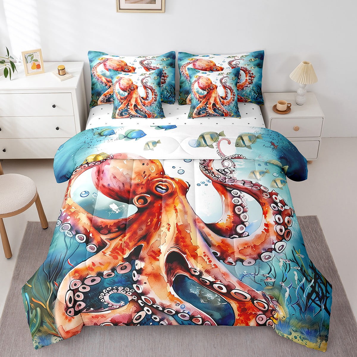 Erosebridal Watercolor Octopus Bedding Twin Size 7Pcs Cartoon Sealife ...