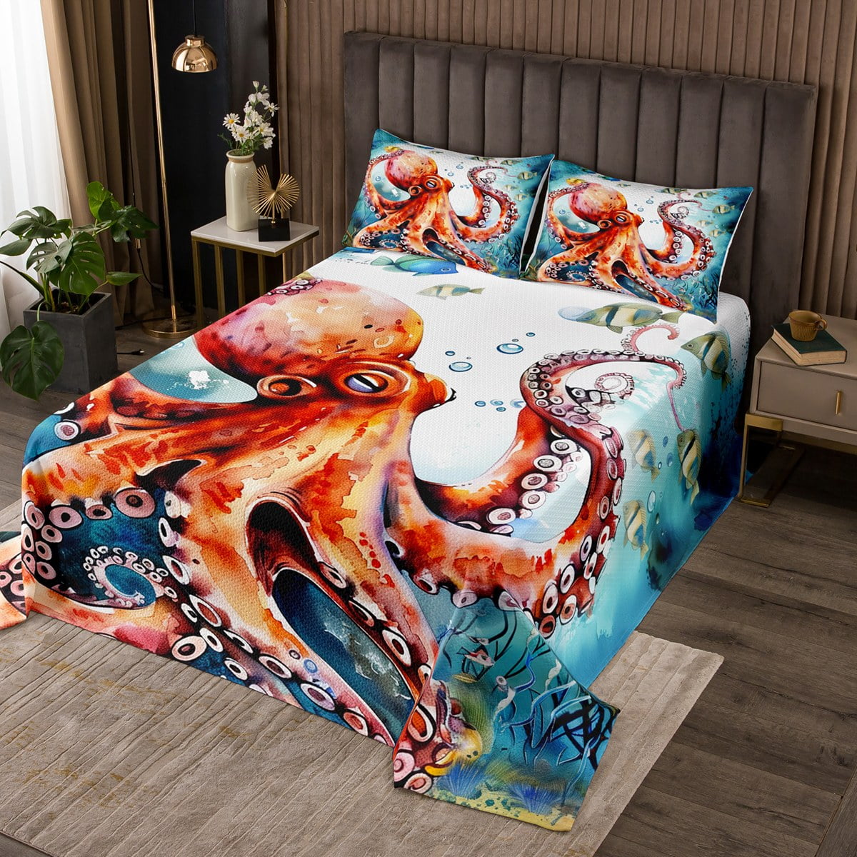 Erosebridal Watercolor Octopus Coverlet Twin Size Cartoon Sealife ...