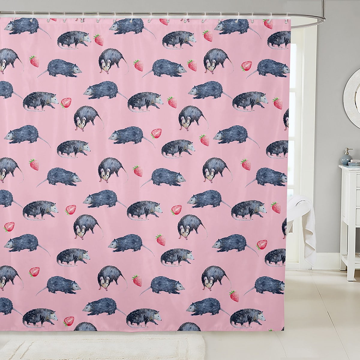 Watercolor Opossum Bath Curtain Pink Shower Curtain, Kawaii Strawberry ...
