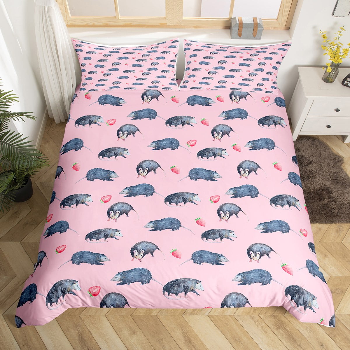 Watercolor Opossum Duvet Cover King Pink Bedding Sets, Kawaii Strawberry Comforter Cover Gray ...