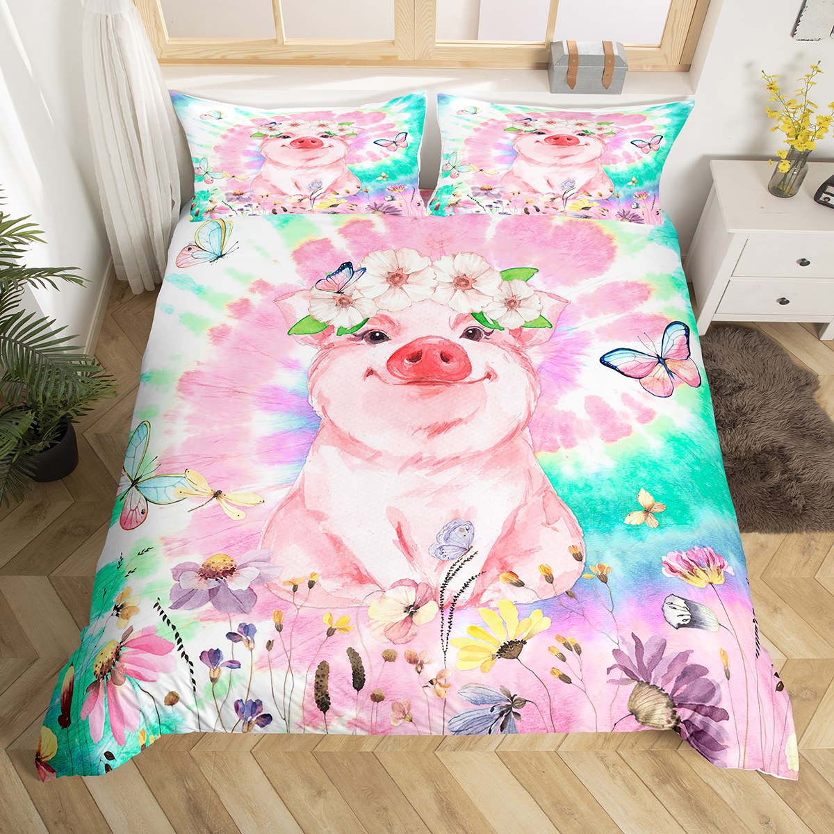 YST Watercolor Pig Bedding Sets Queen Hippie Swirl Spiral Comforter ...