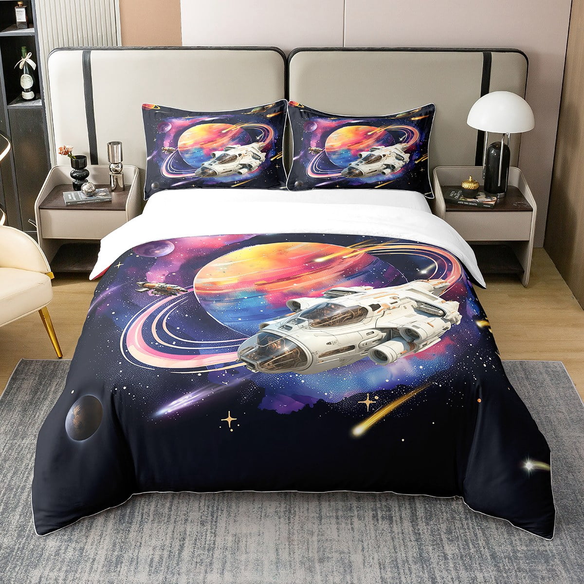 Watercolor Planet 100% Natural Cotton Duvet Cover ,3D Spacecraft Print ...