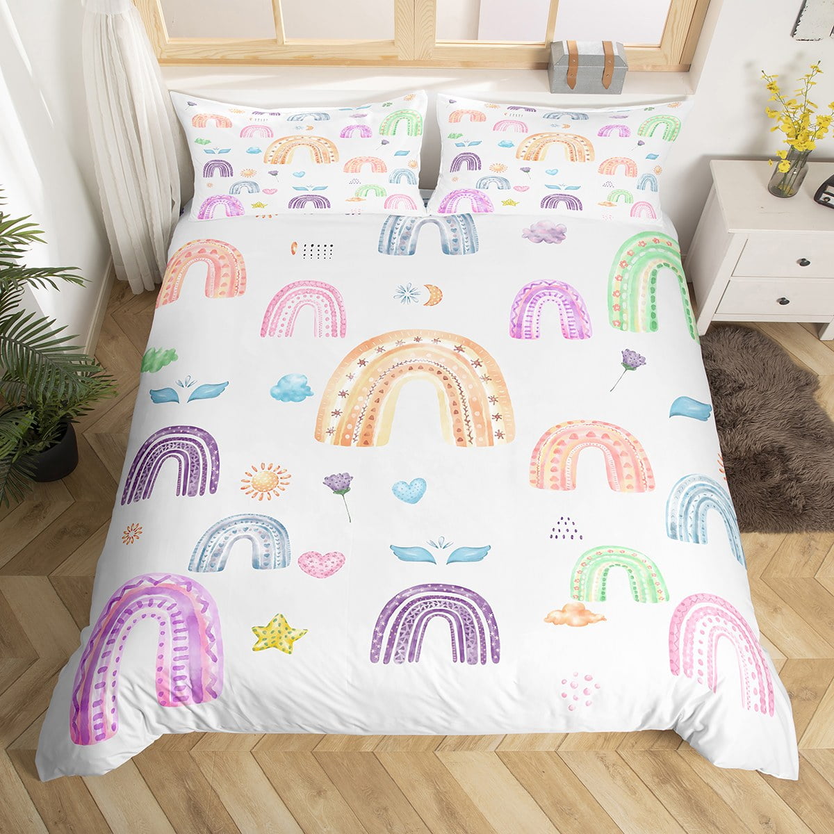 Erosebridal Watercolor Rainbow Duvet Cover Twin Size Star Sun Moon Bedding Set Botanical Flowers ...