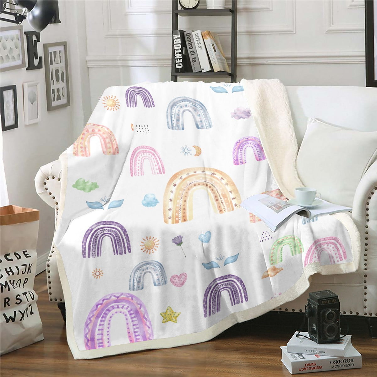Watercolor Rainbow Sherpa Blanket 30"X40" Star Sun Moon Throw Blanket ...