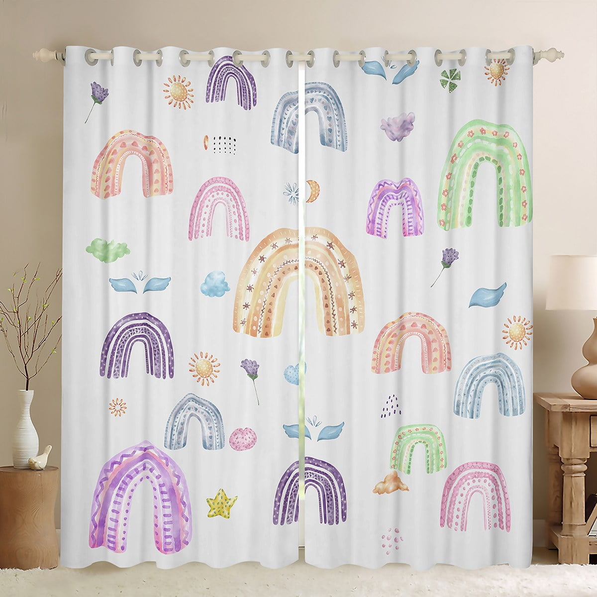 YST Watercolor Rainbow Window Curtains 52"Wx84"L Star Sun Moon Blackout ...