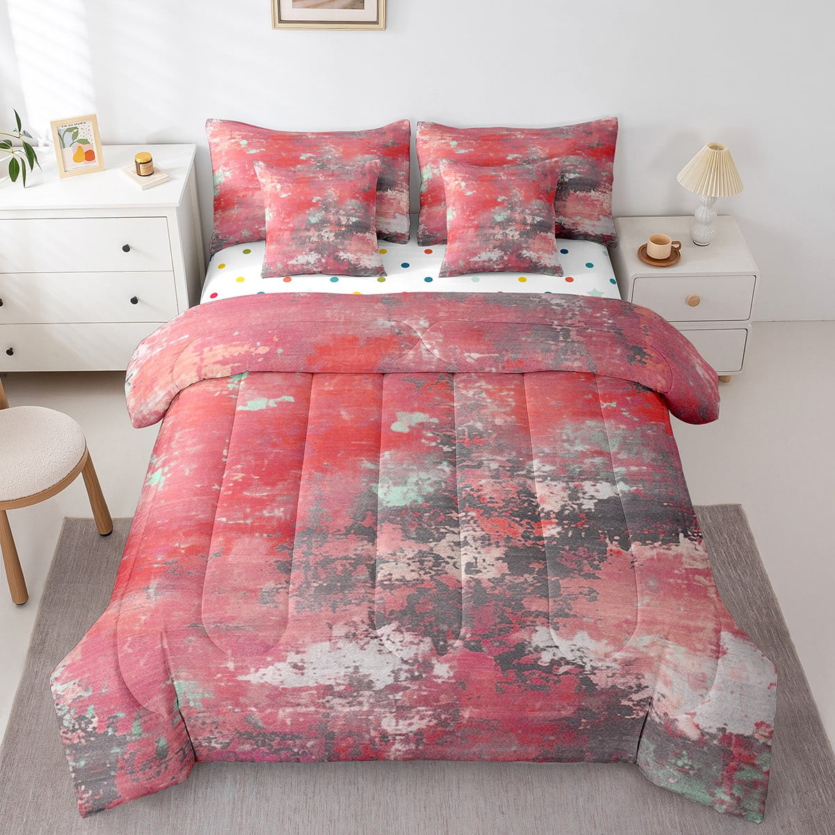YST Watercolor Red and Grey Comforter Set 7 Pcs,Modern Abstract Art ...