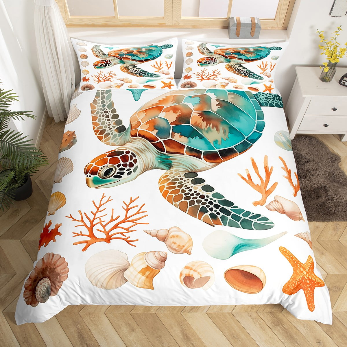 Watercolor Sea Turtle Comforter Cover Starfish Seashell Bed Set, White ...