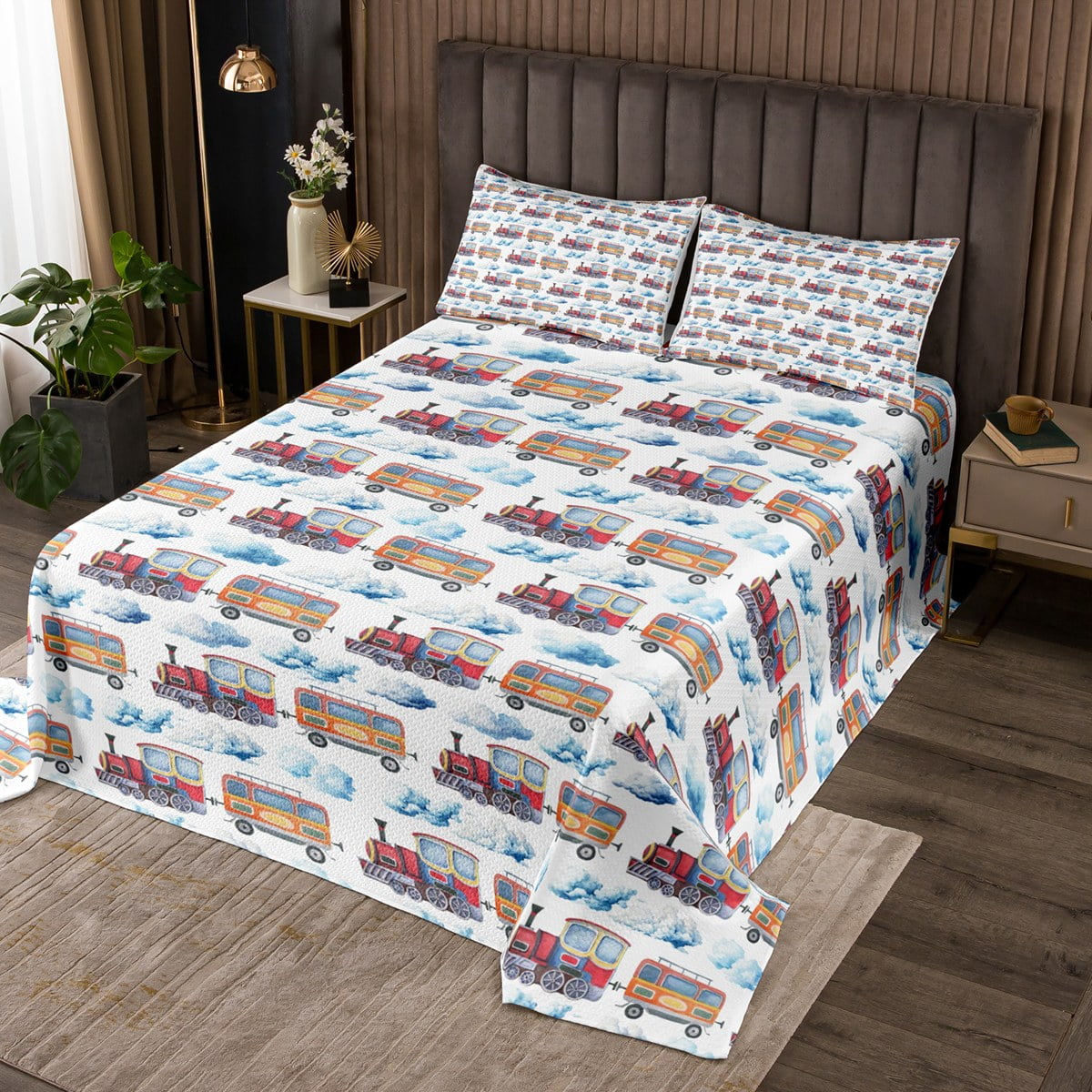 Watercolor Steam Engine Bedspread Queen Size Cartoon Train Quilt Set ...