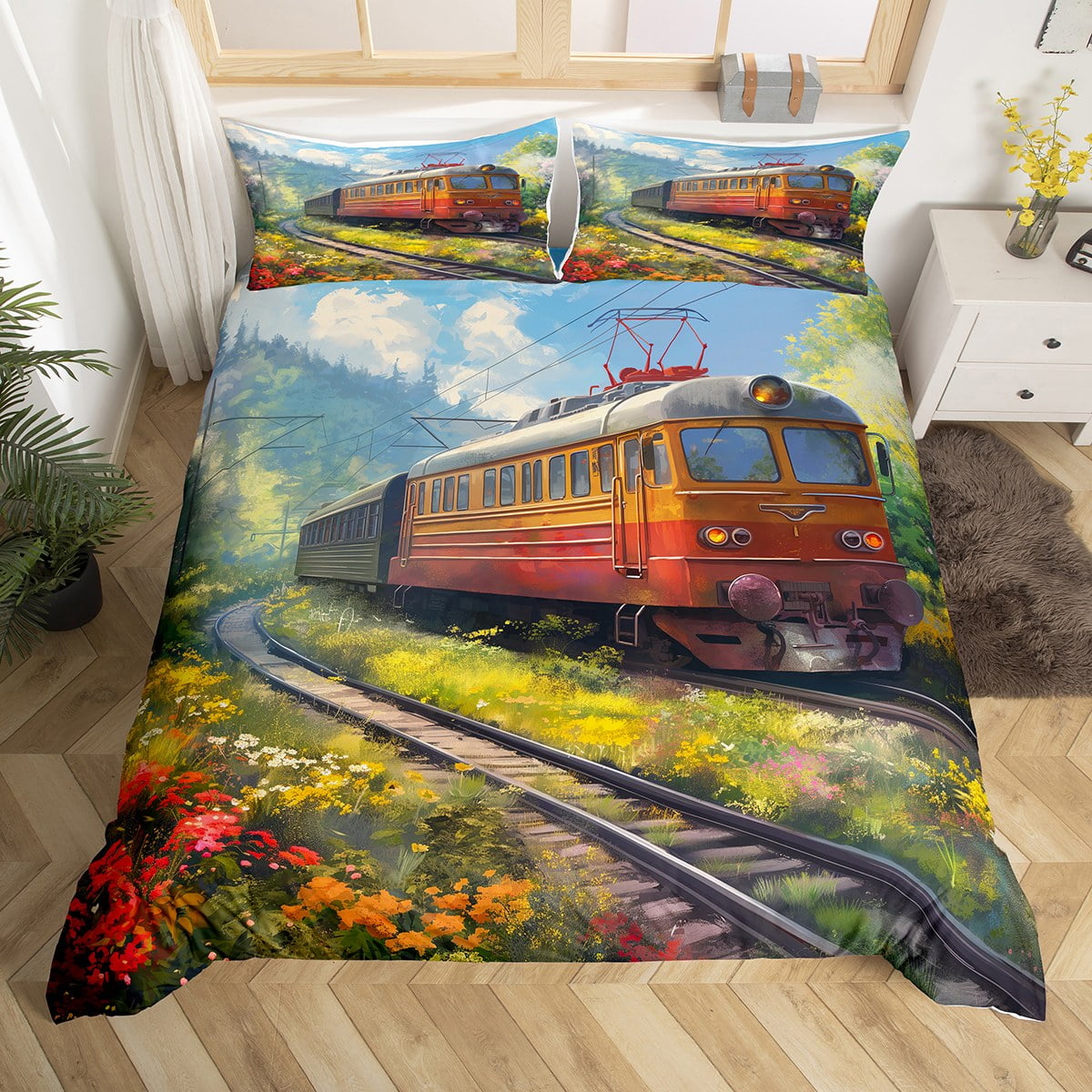YST Watercolor Train Comforter Cover Steam Engine Bed Set Oil Painting ...