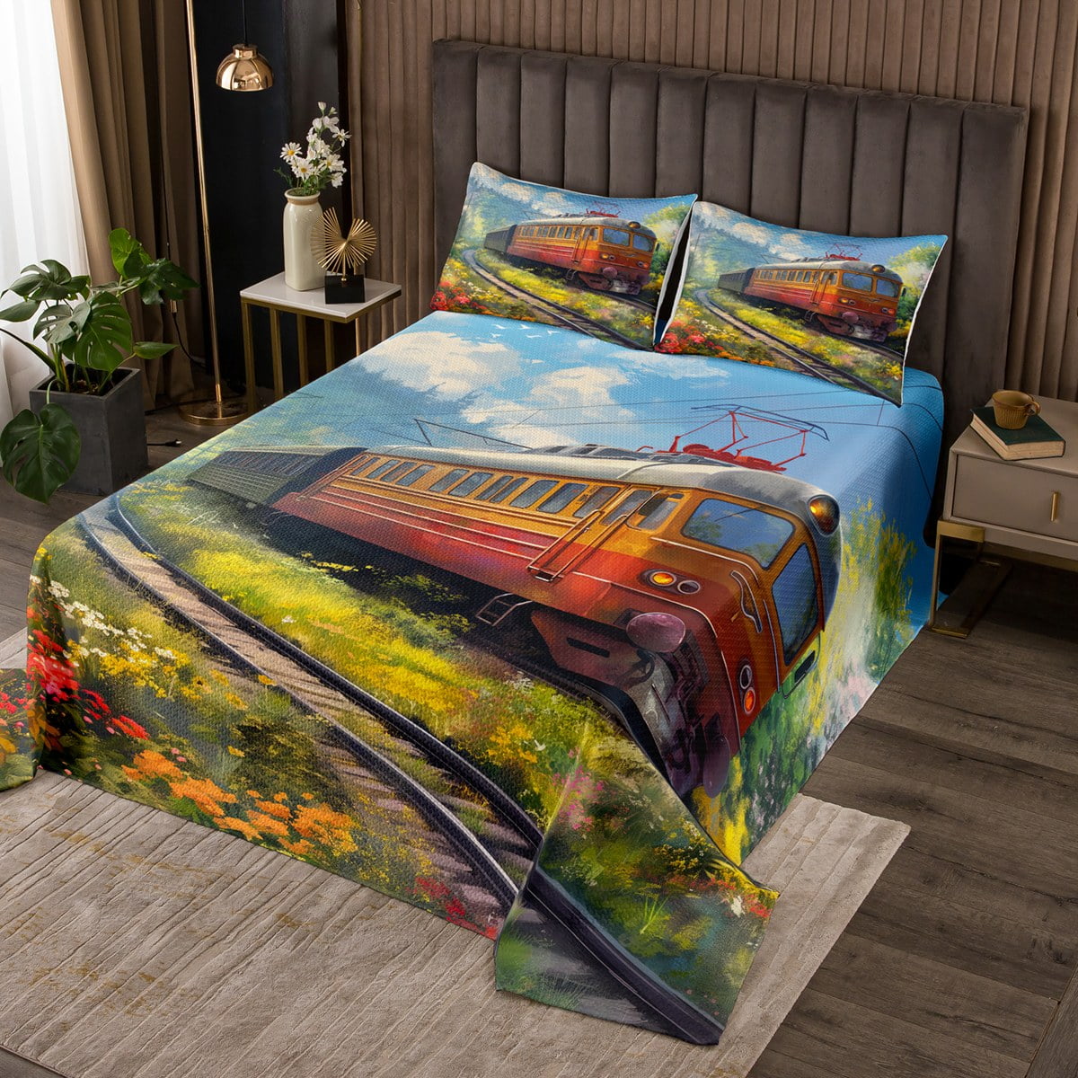 YST Watercolor Train Coverlet Set Steam Engine Bedspread Queen Size Oil ...