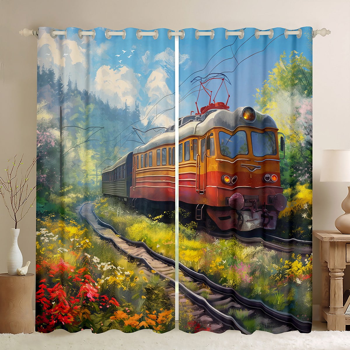 Watercolor Train Curtains Steam Engine 30%-50% Blackout Curtains 76x54 ...