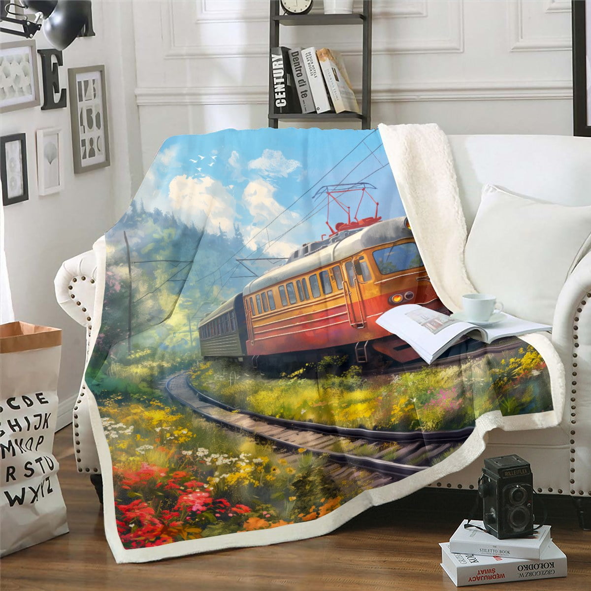 YST Watercolor Train Fleece Blanket Twin Steam Engine Sherpa Blanket ...