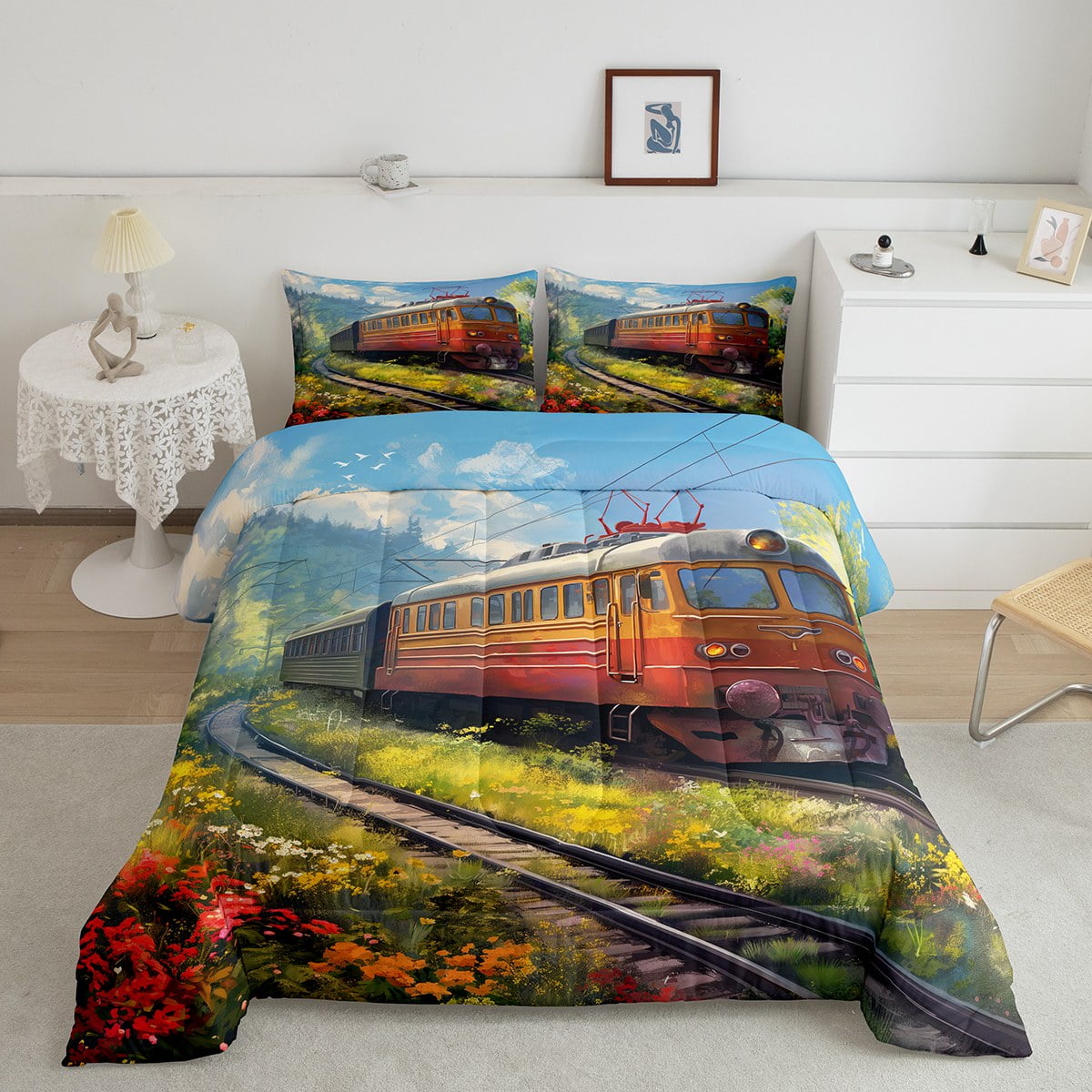YST Watercolor Train Full Comforter Steam Engine Comforter Set Oil ...