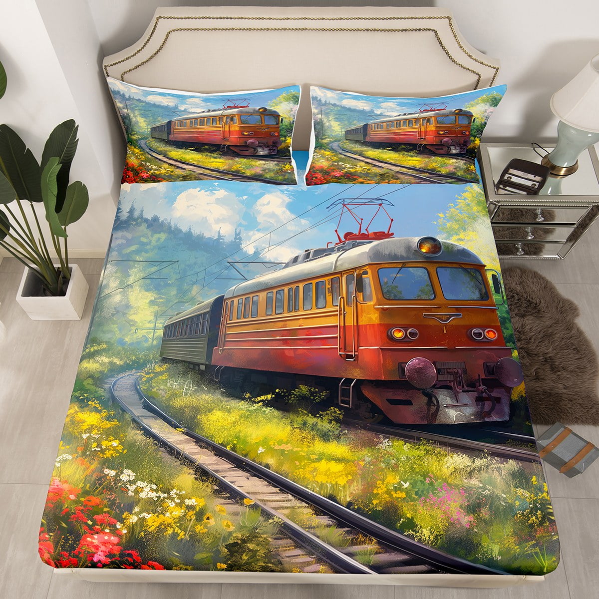 Erosebridal Watercolor Train Full Sheets Steam Engine Bed Sheets Oil ...