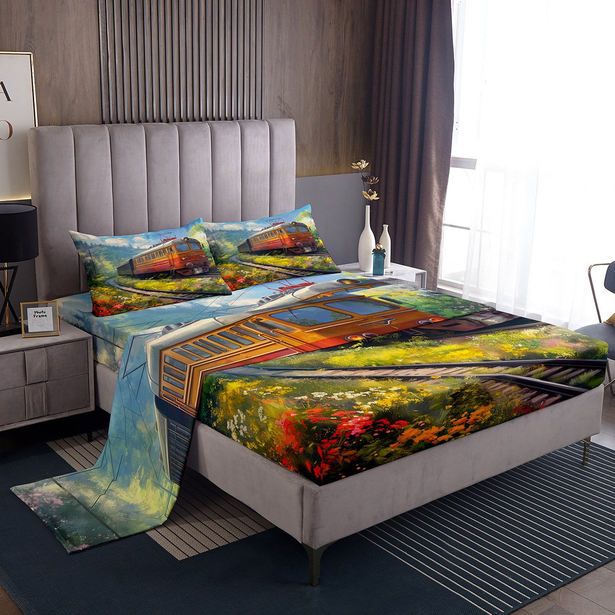 Erosebridal Watercolor Train King Sheets Steam Engine Bed Set Oil ...