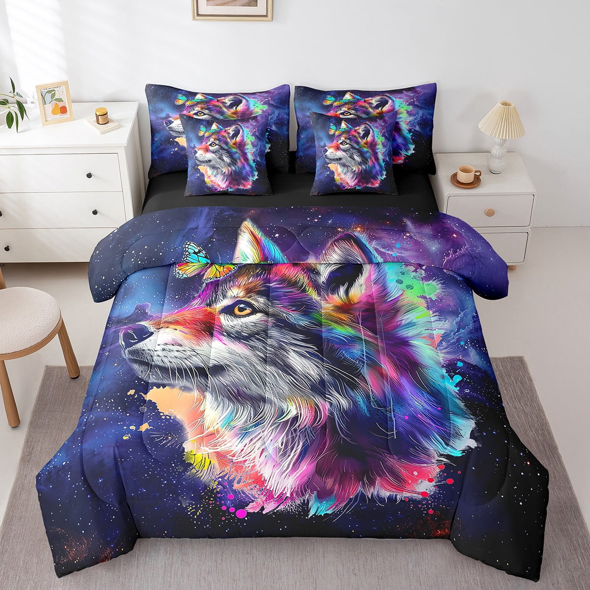 Watercolor Wolf Bed in a Bag 7pcs Purple Navy Blue Bedding Set ...