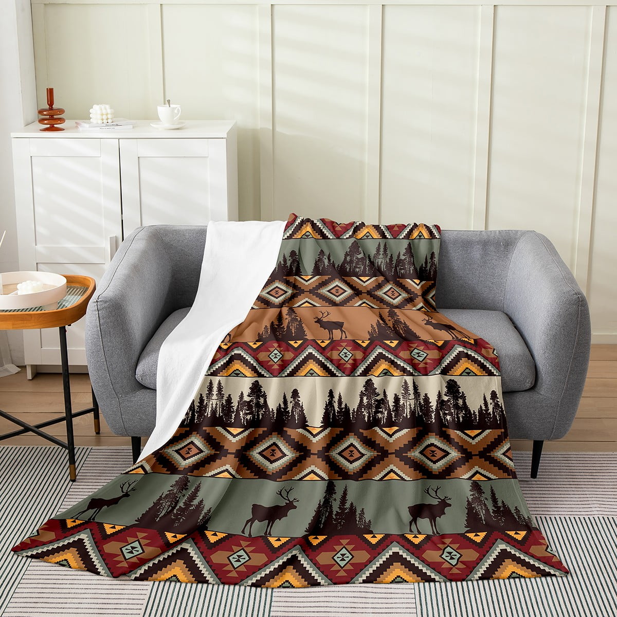 Western Aztec Throw Blanket 40"X50" Hunting Deer Moose Flannel Fleece ...