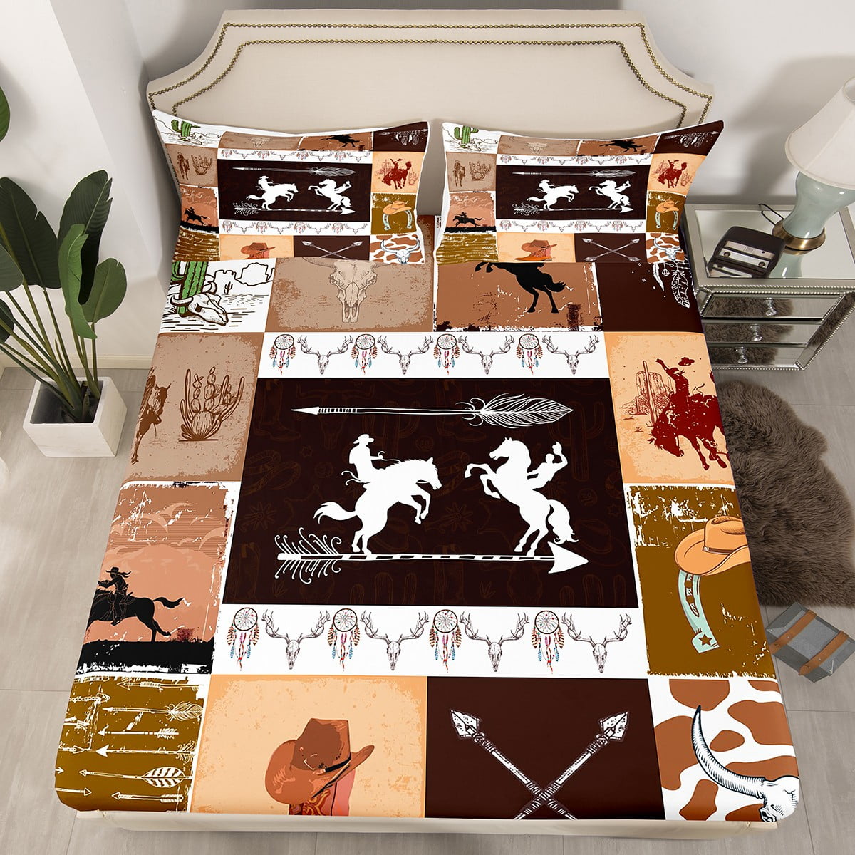 YST Western Bed Set Bull Skull Horse Arrow Print Fitted Sheet Full ...