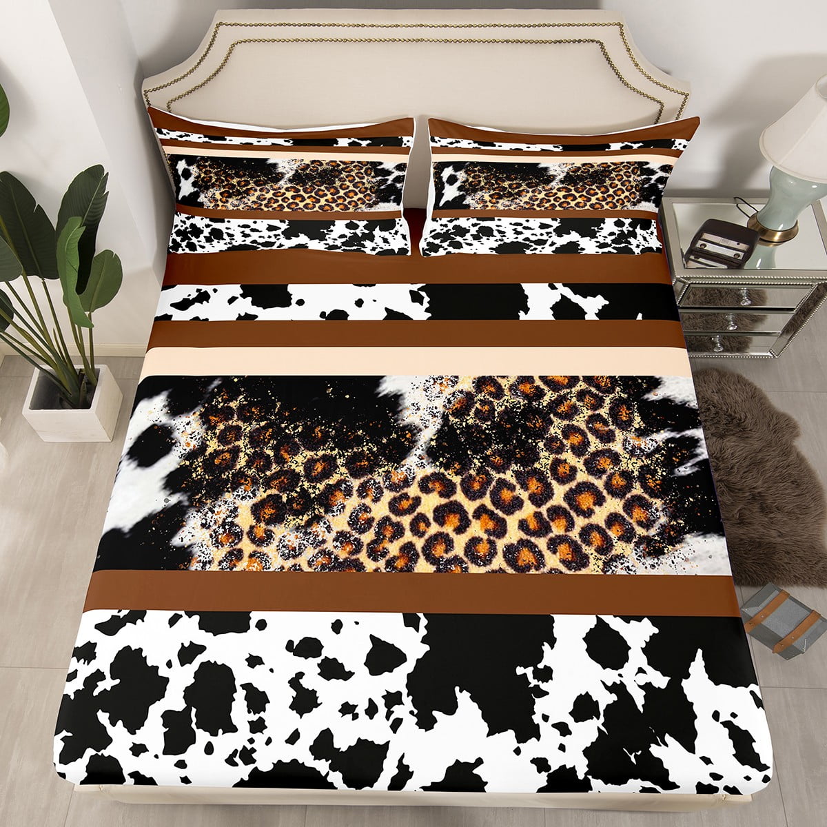 Western Bed Sheets Queen,Brown Cheetah Print Sheets Black and White ...