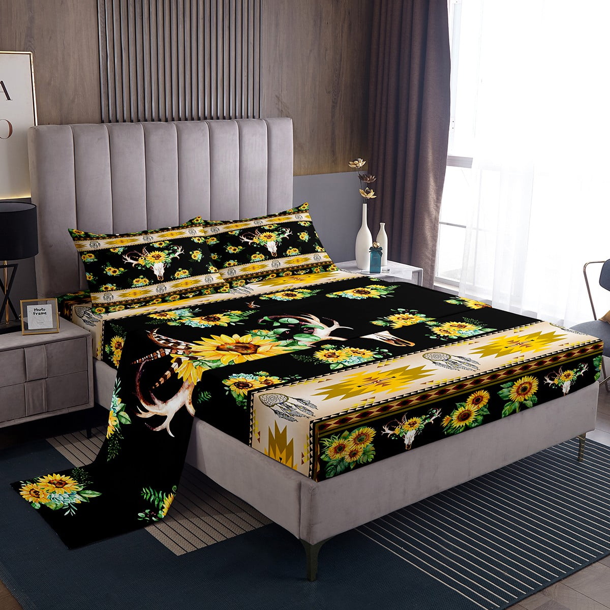 Western Bed Sheets Set King,Sunflower Bull Skull Sheets Boho Floral ...