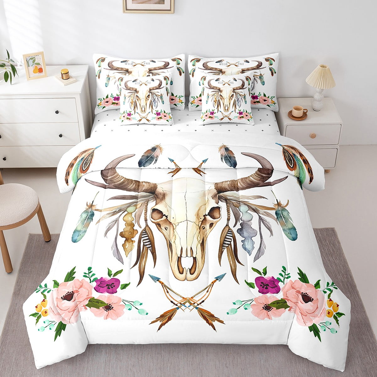 Western Bull Skull Bedding Set Twin 7 Piece,Boho Arrow Feather ...