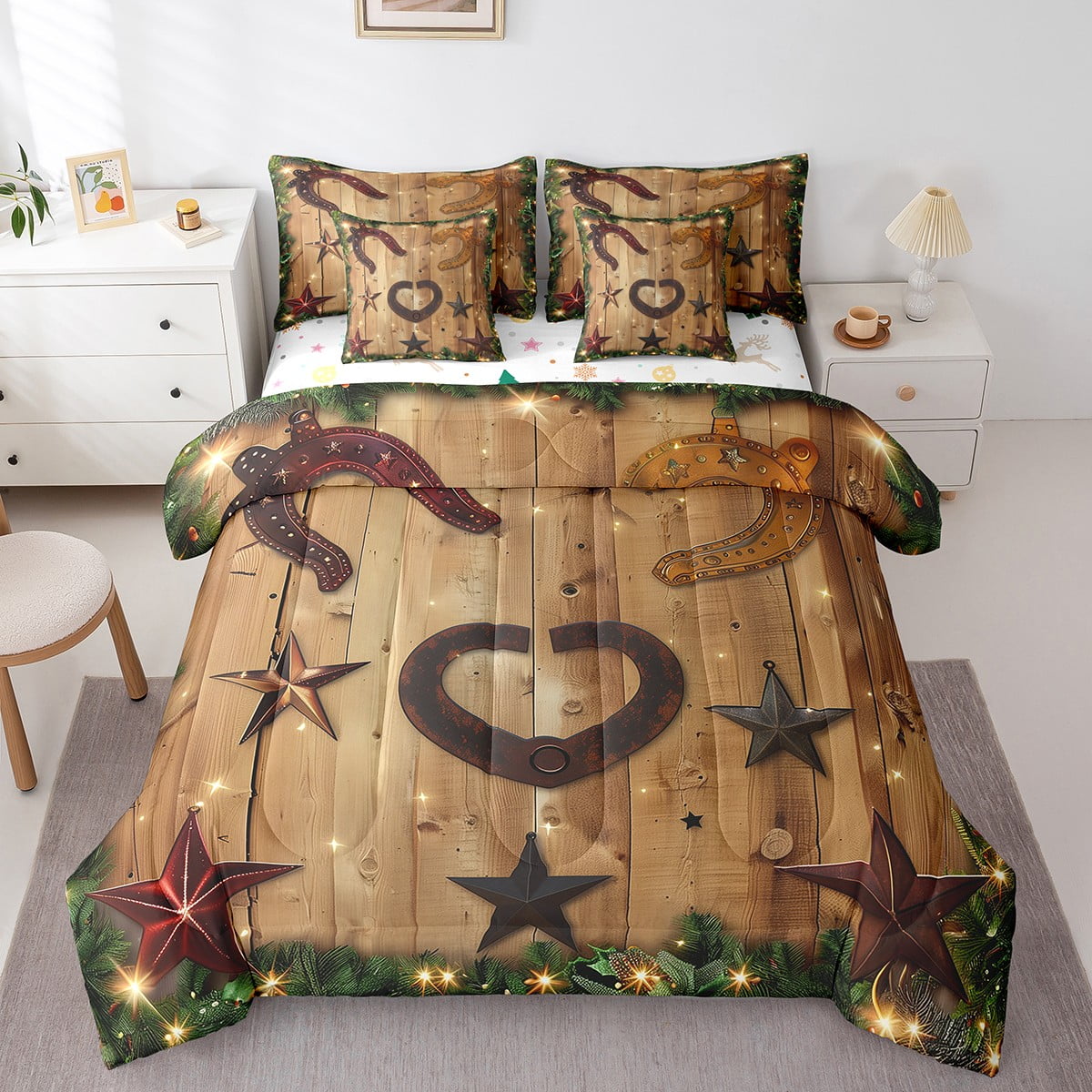 Western Christmas Queen Bedding Sets 7 Piece Rustic Farmhouse Barn ...