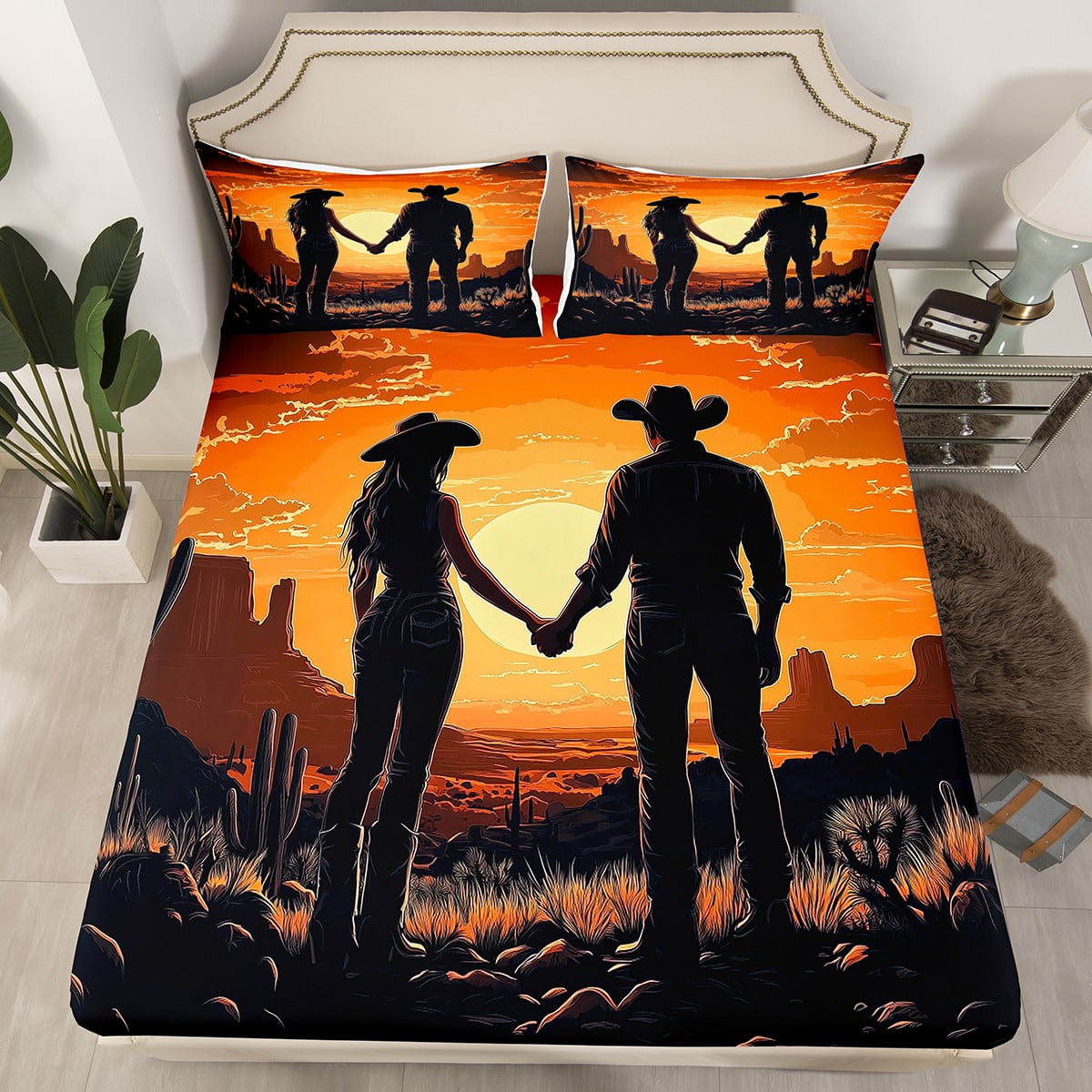 YST Western Couple Fitted Sheet Cowboy Cowgirl Bedding Set Wild West ...