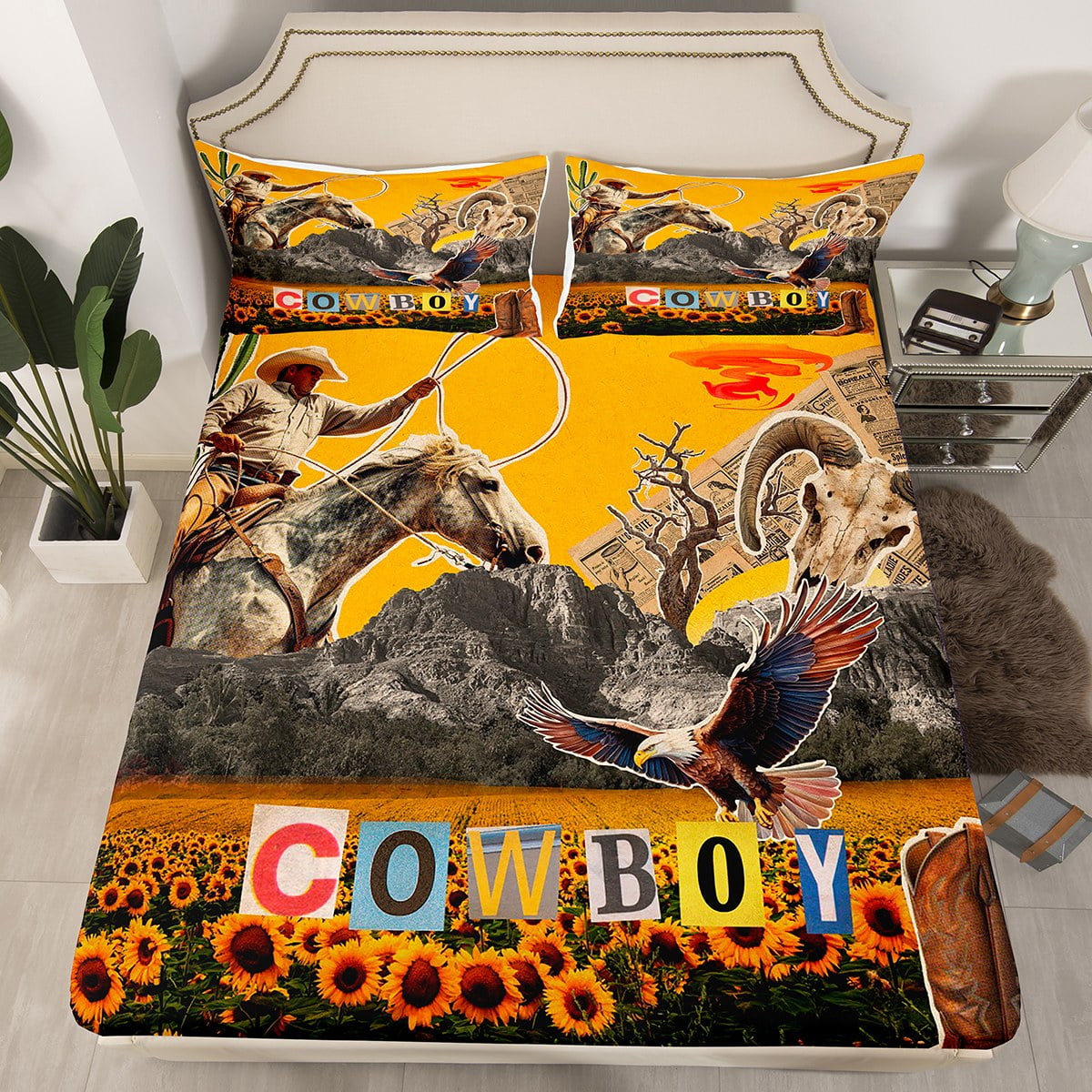 YST Western Cowboy Bed Sheets Vintage Farmhouse Twin Fitted Sheet,Cow ...